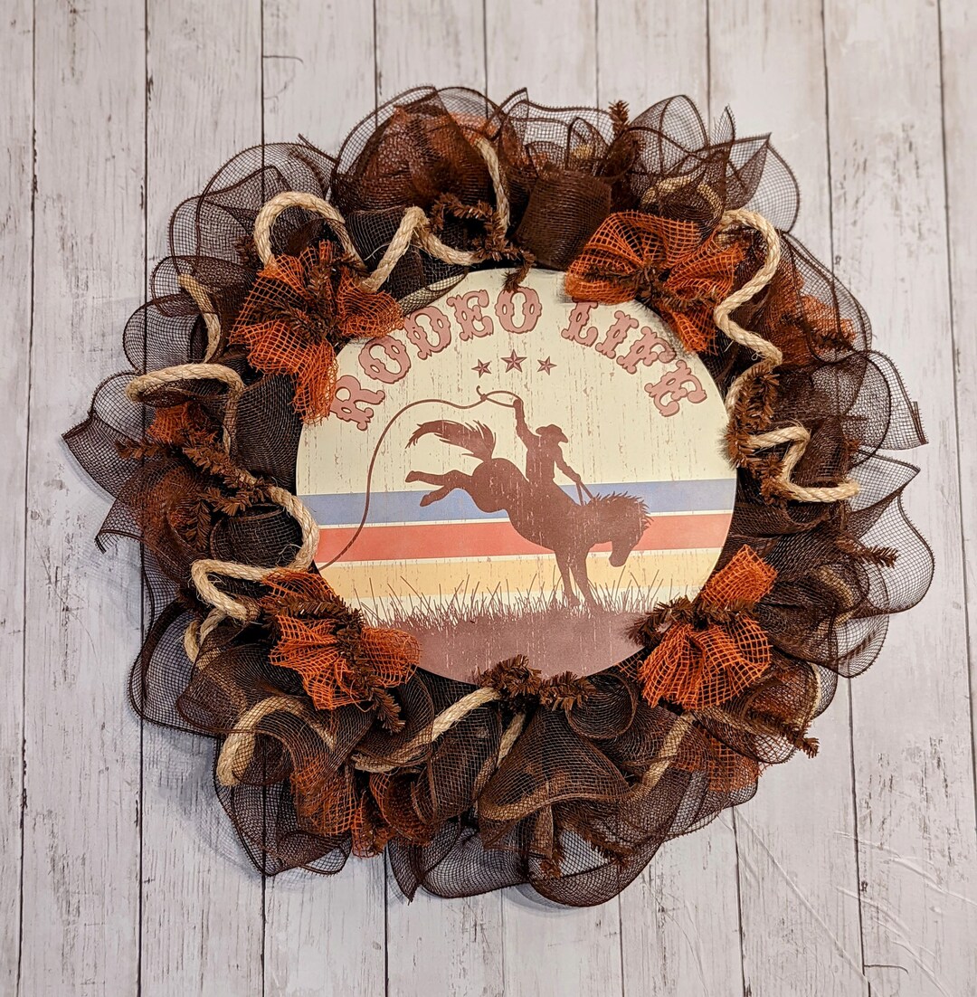 Rodeo Life Brown Mesh Wreath, Front Porch, Front Door, Indoor Wreath ...