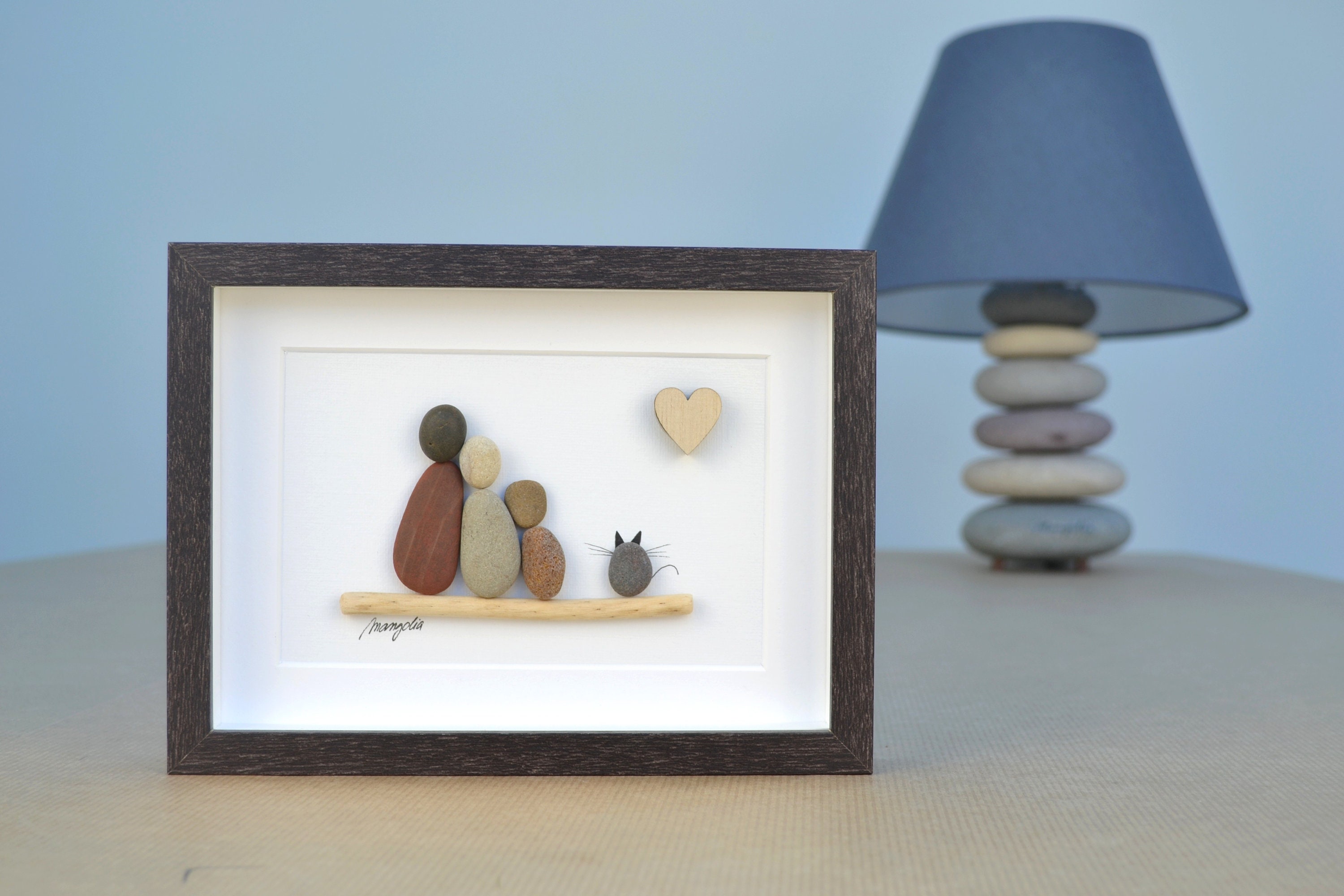 Pebble Art Family of 3 With Cat Pebble Art Picture Pebble - Etsy UK