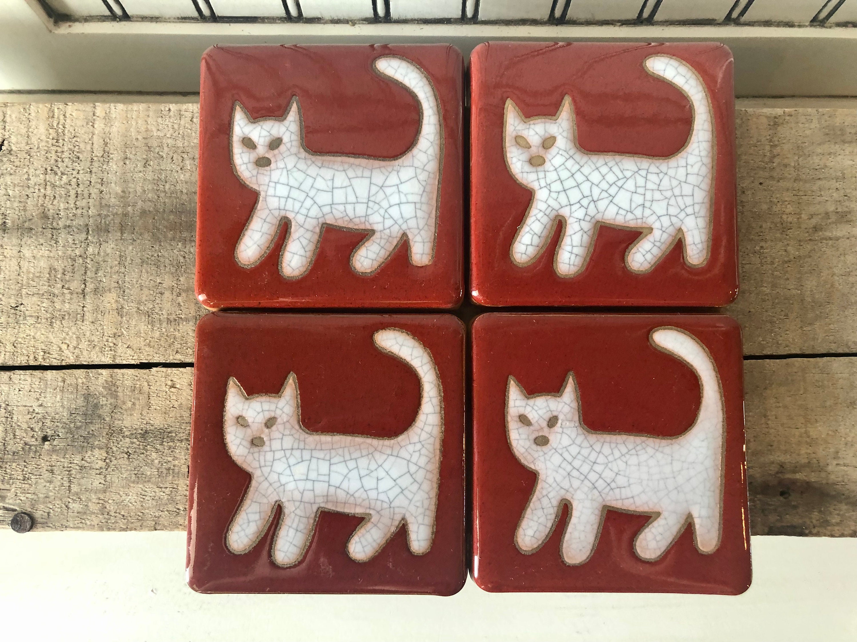Vintage set of 4 Arius Santa Fe Art Tiles Primitive Cat Coasters With ...