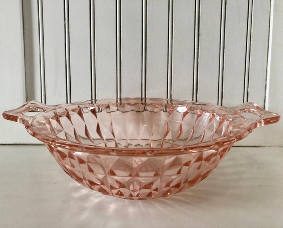 Vintage Pink Glass Diamond Pattern Serving Bowl With Handles | Etsy