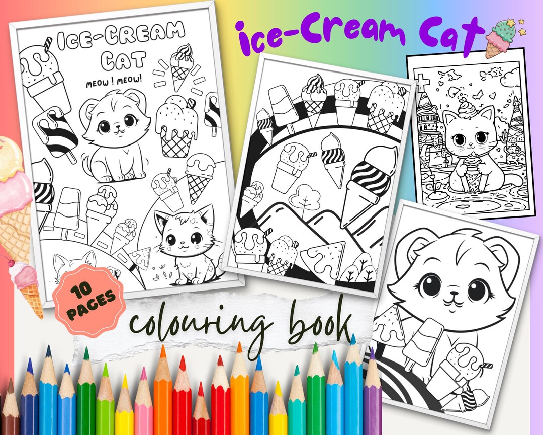 Printable Colouring Book, Kawaii Cute Cats and Ice Cream Pages, 10-page ...