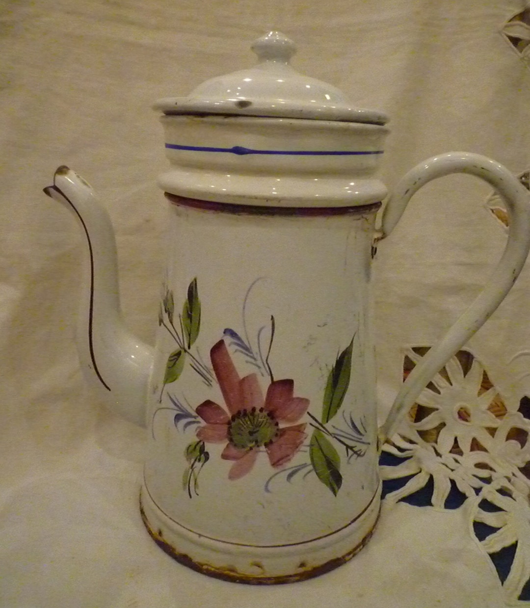 Old Enameled Coffee Pot With Flower Decoration Antique Enamelled Coffee ...