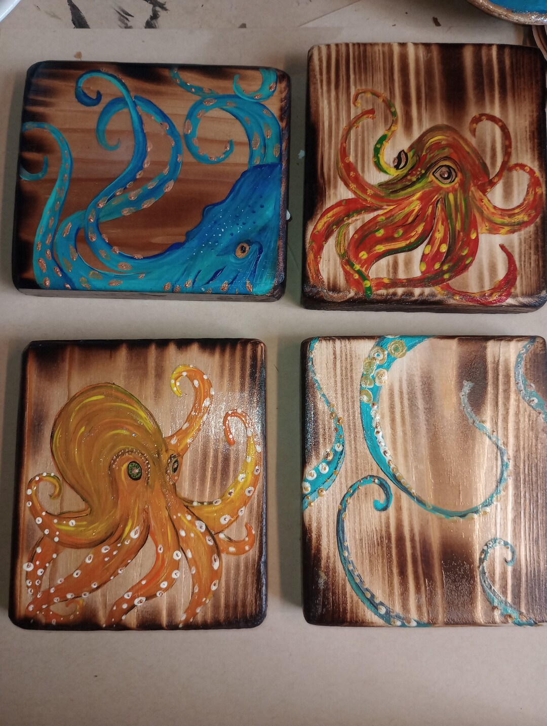 Octopus Coasters Hand Painted on Wood SET OF 4 - Etsy