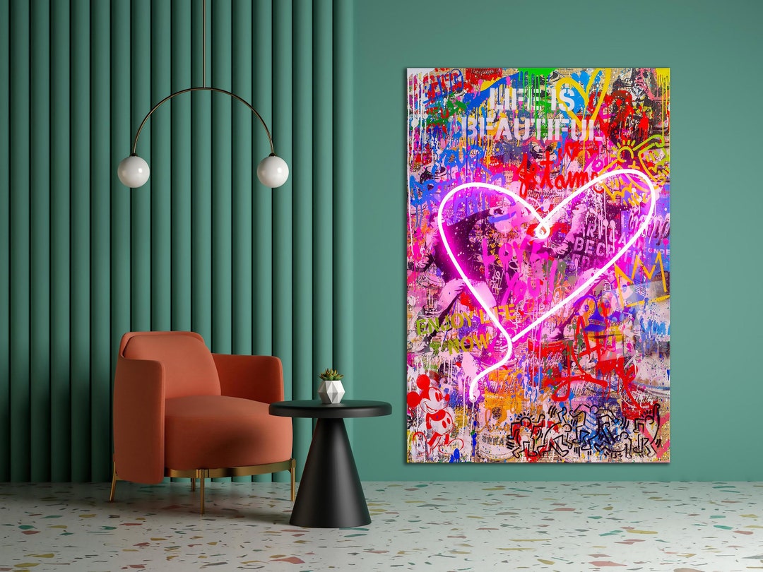Neon Heart Print Love Graffiti Art Brightly Colored Canvas - Etsy