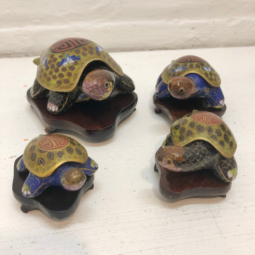 Exquisite Set of 4 Oriental Cloisonné Turtles on Vintage Wood Platforms ...