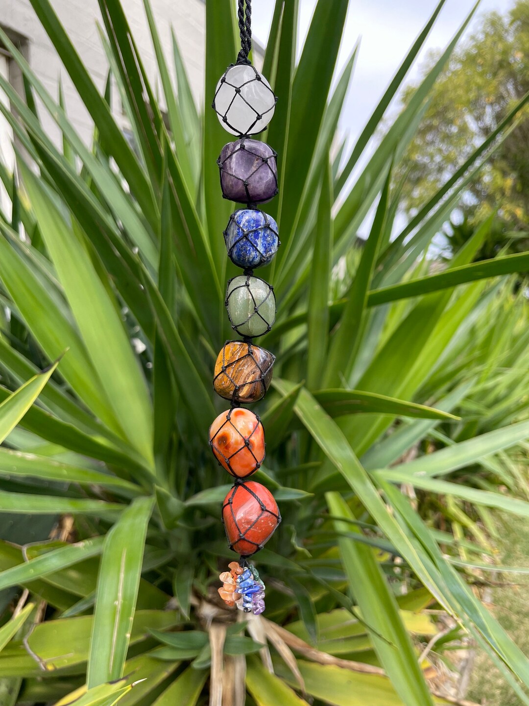 7 Chakra Macrame Crystal Hanger | Hanging Crystal | Tumbled Crystal Car ...