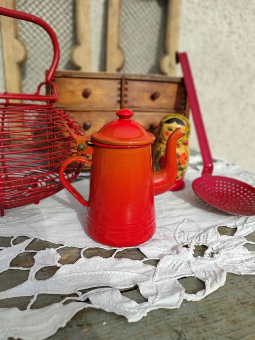 Vintage Bassano Enamel Pitcher, Westen Sansone Italy Orange Red Tea ...