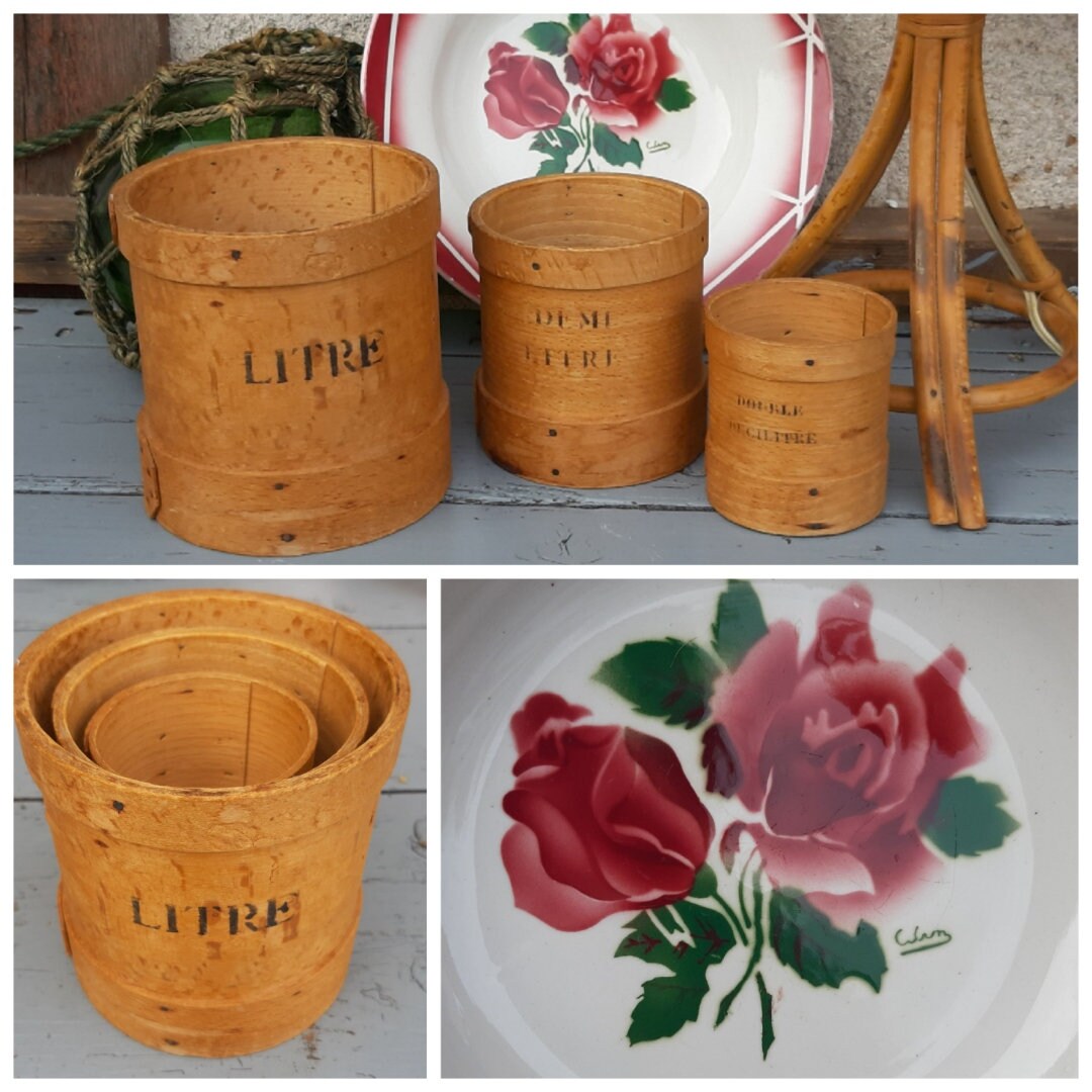 Antique Set of 3 Wooden Grain Measures Vintage French Measuring Cups ...