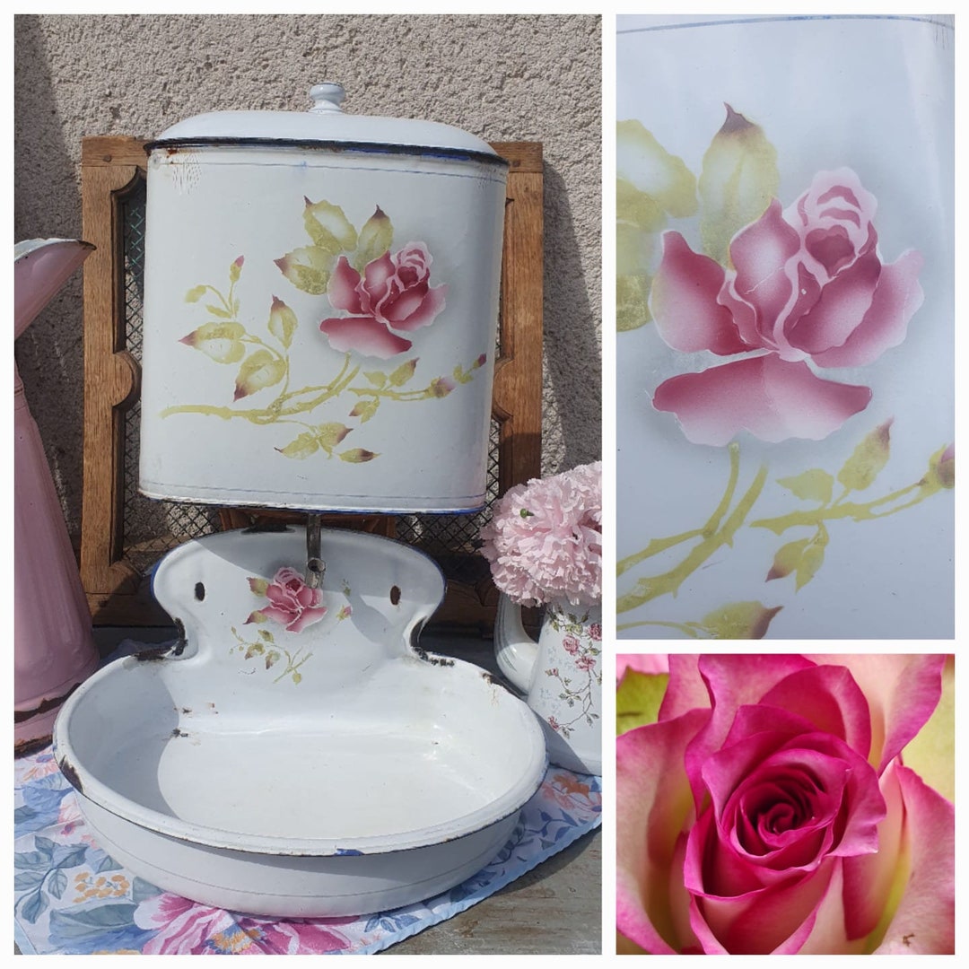 Enameled Sheet Metal Water Fountain Vintage Enameled Basin With Rose ...