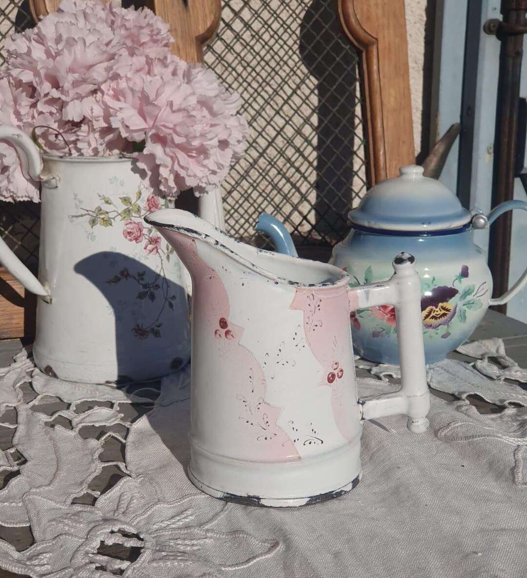 Small Enameled Sheet Metal Water Jug With Pink Decor Metal Milk Jug ...
