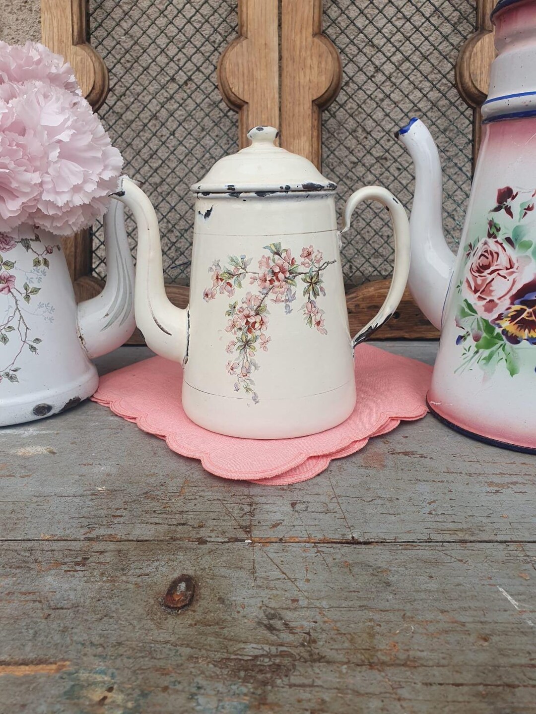 Vintage Cherry Blossom Enameled Sheet Metal Coffee Pot Belgian Metal ...