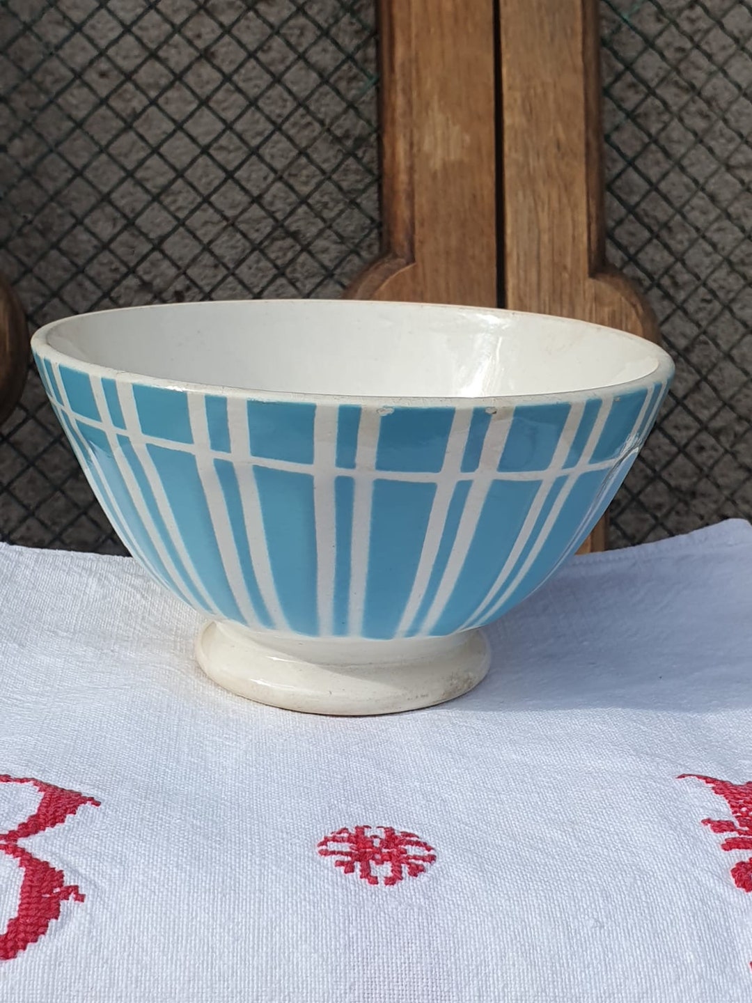 French Latte Bowl Decor Blue Turquoise Stripes Stenciled Vintage ...