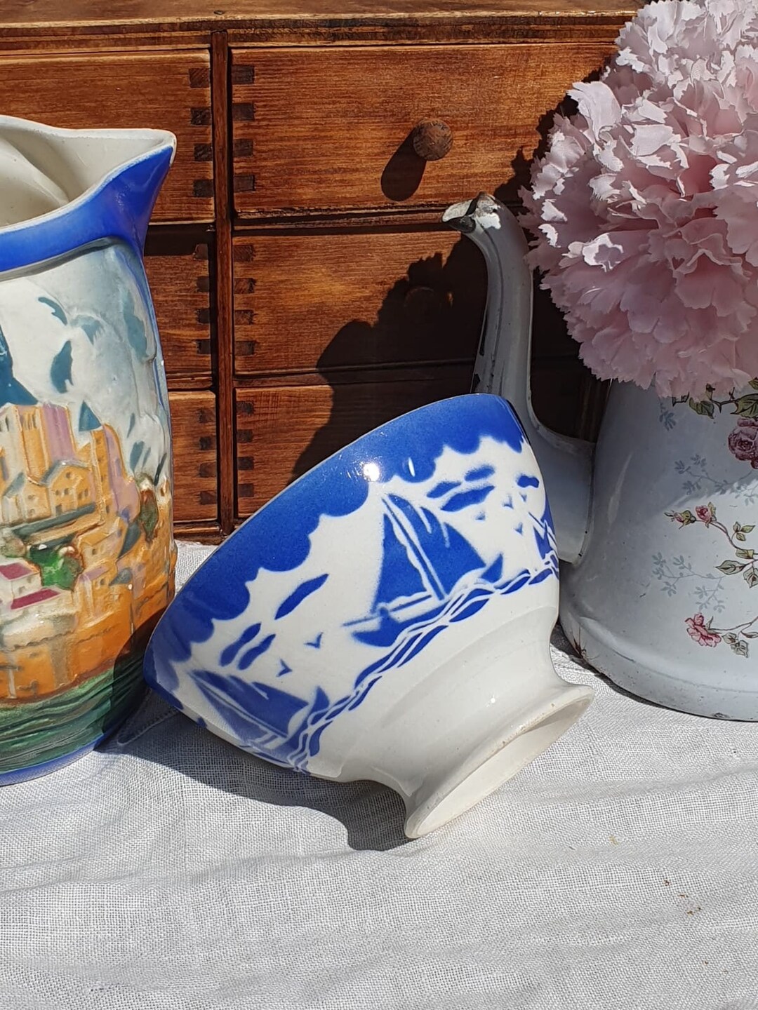 Large French Latte Bowl Decor Birds and Sailboat Bordeau Stencil ...