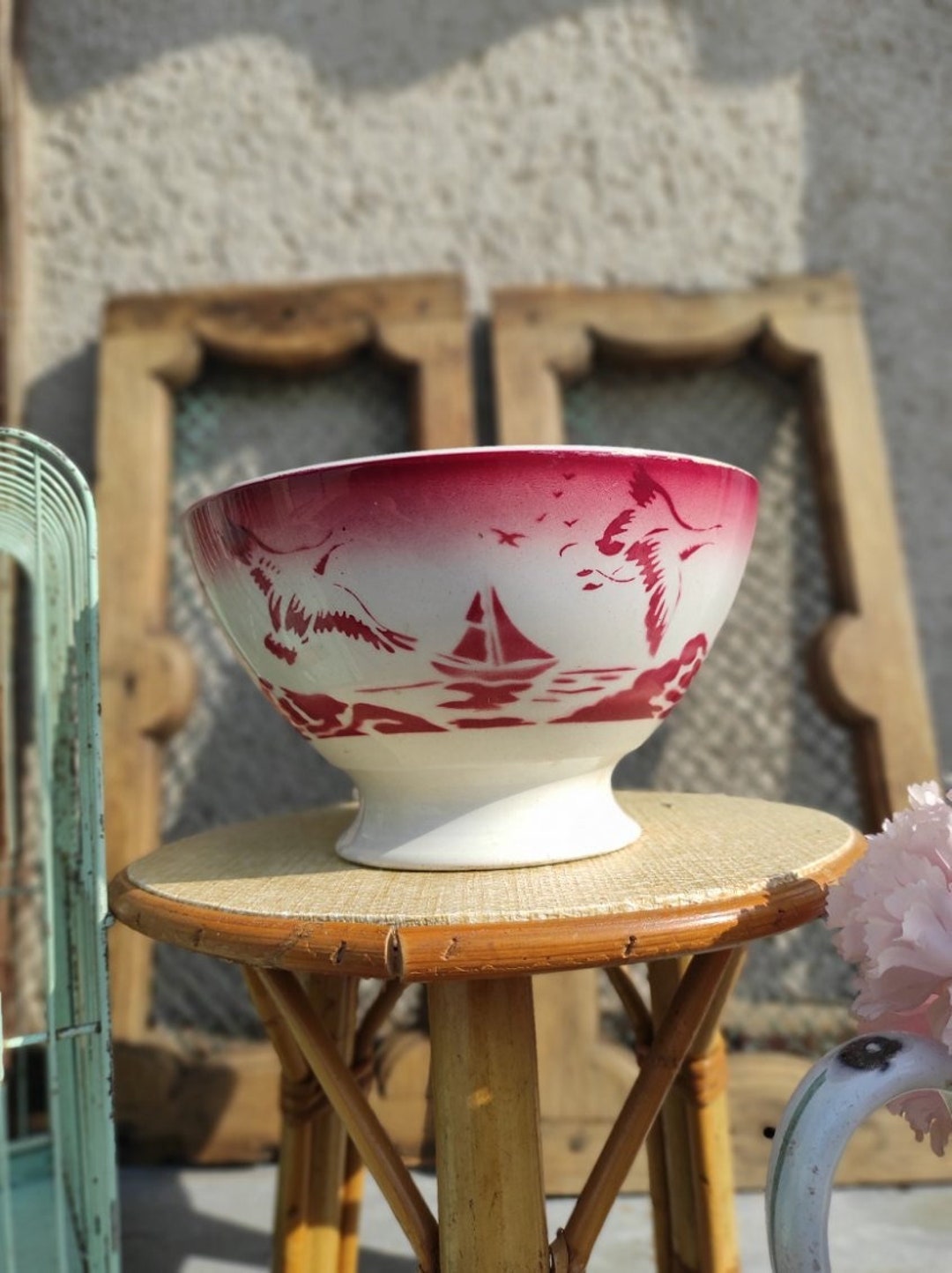 Large French Latte Bowl Decor Birds and Sailboat Bordeau Stencil ...