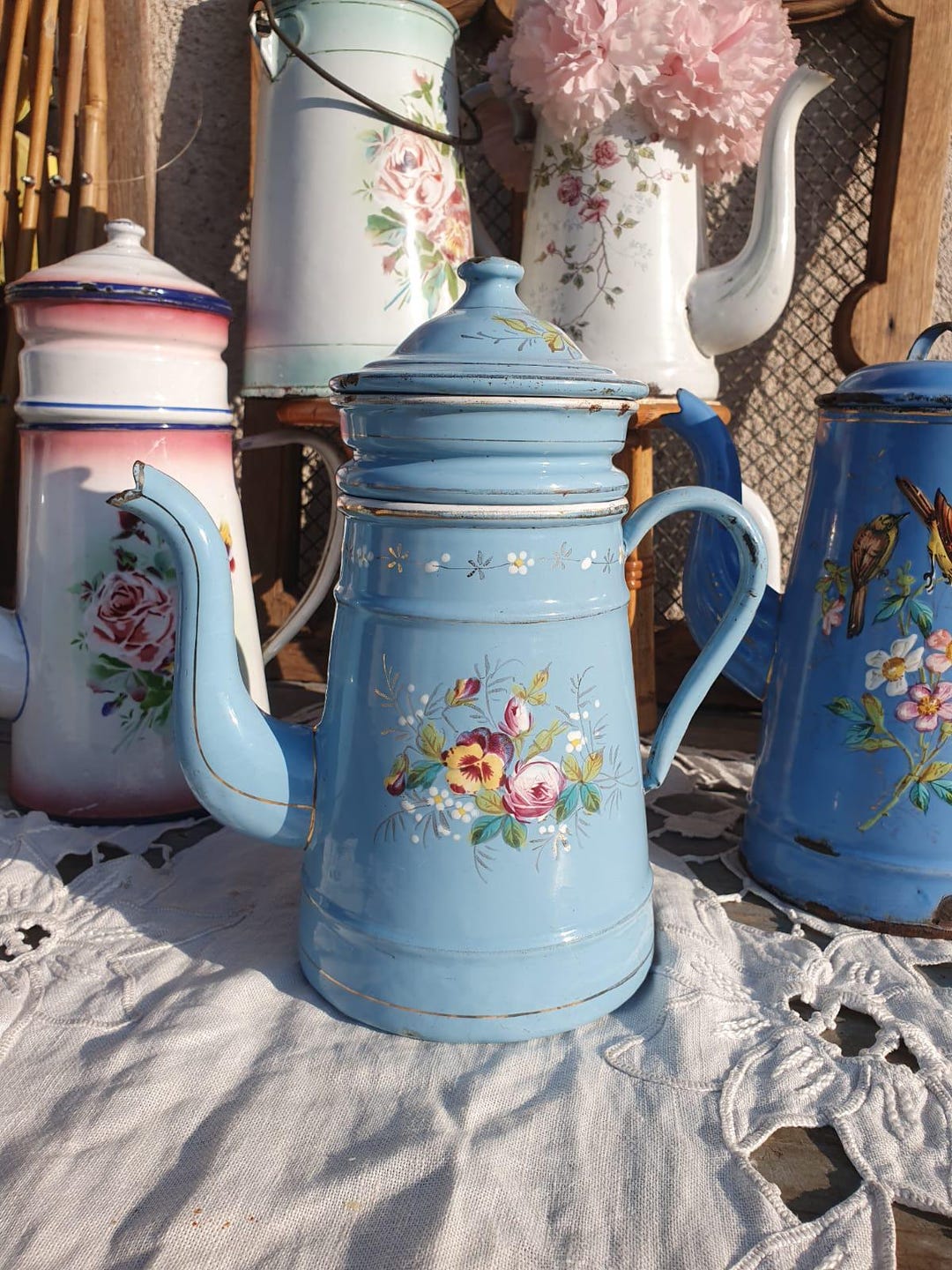 Blue Enameled Sheet Metal Coffee Pot Decorated With Roses and Pansies ...