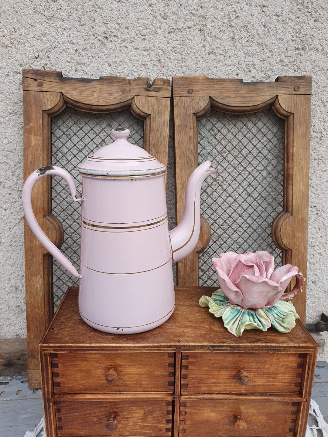Pink and Gold Enameled Sheet Metal Coffee Pot - Vintage French Metal ...