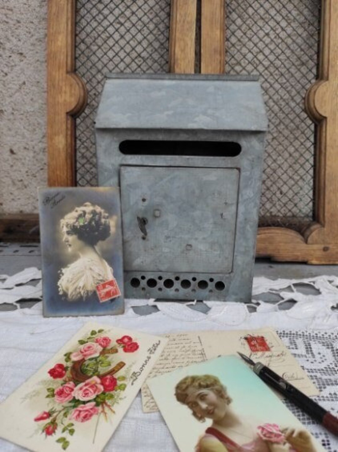 Antique Metal Mailbox Galvanized Steel Mail Box Vintage Zinc Post Box ...