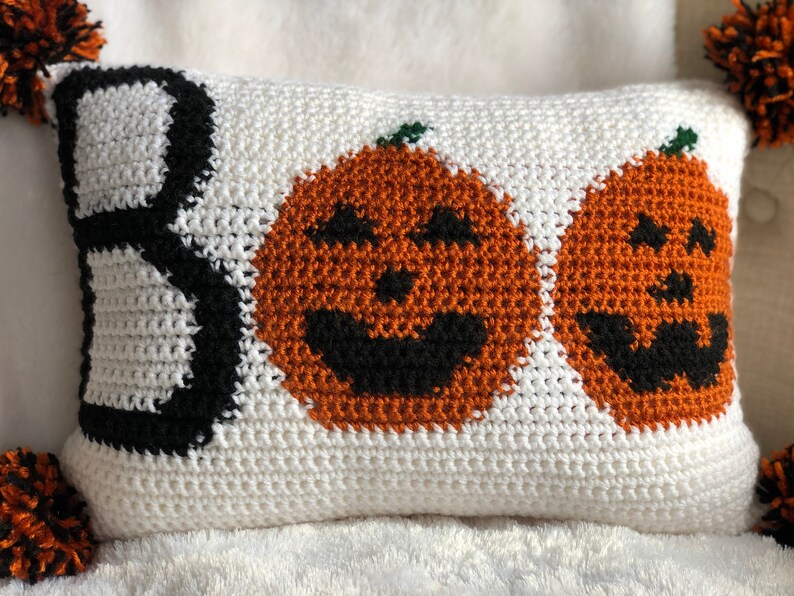 Crochet Pillow Pattern - Halloween Crochet Pattern - Boo Jack-o-lantern ...
