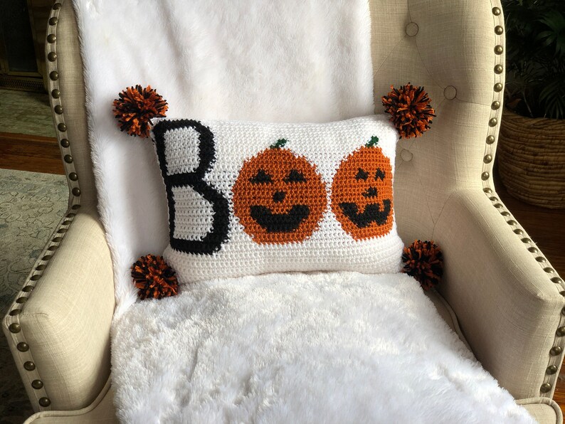 Crochet Pillow Pattern - Halloween Crochet Pattern - Boo Jack-o-lantern ...