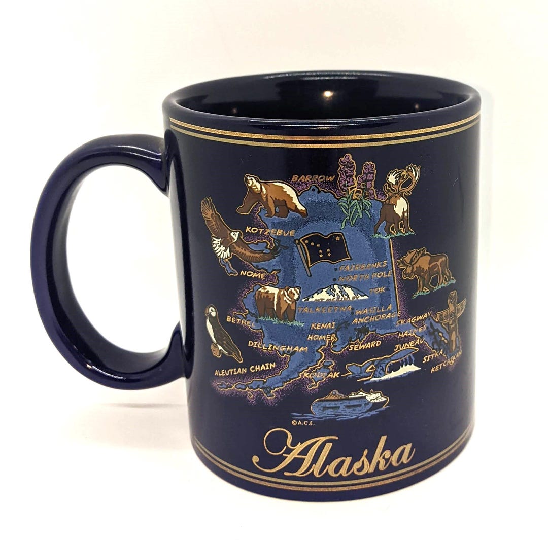 Alaska State Map Mug Souvenir Coffee Cup Animals Cities Dark Blue Gold ...