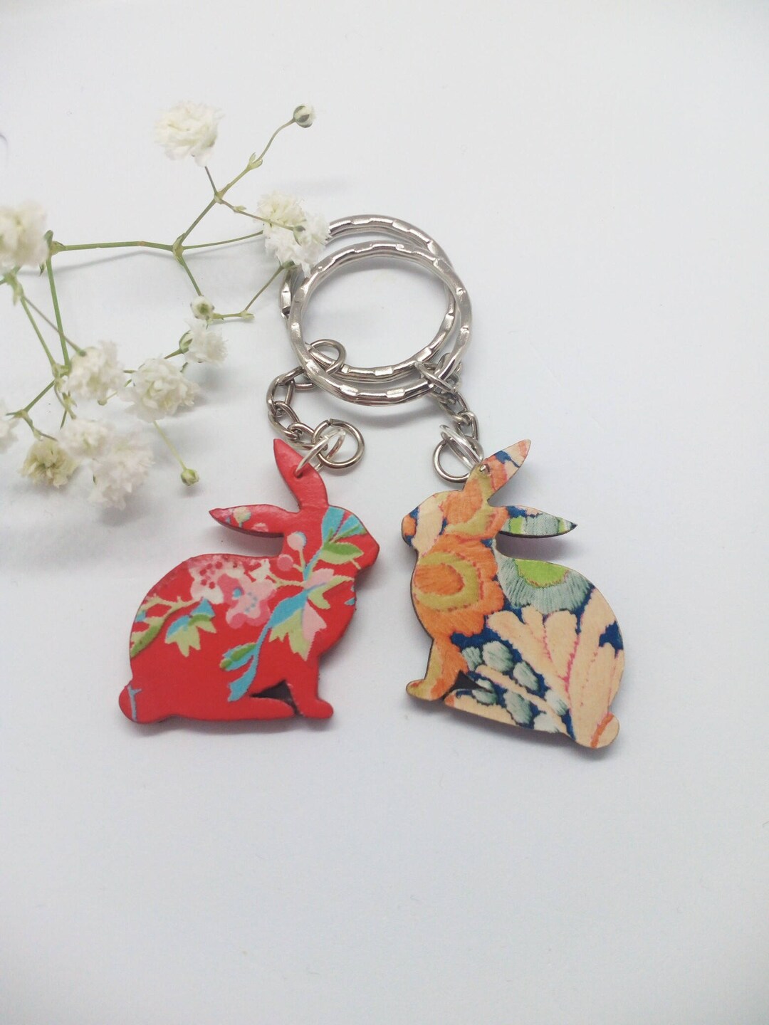 Easter Bunny Keychains - Decoupage Bunny Keychain - Bunnies Keyring ...