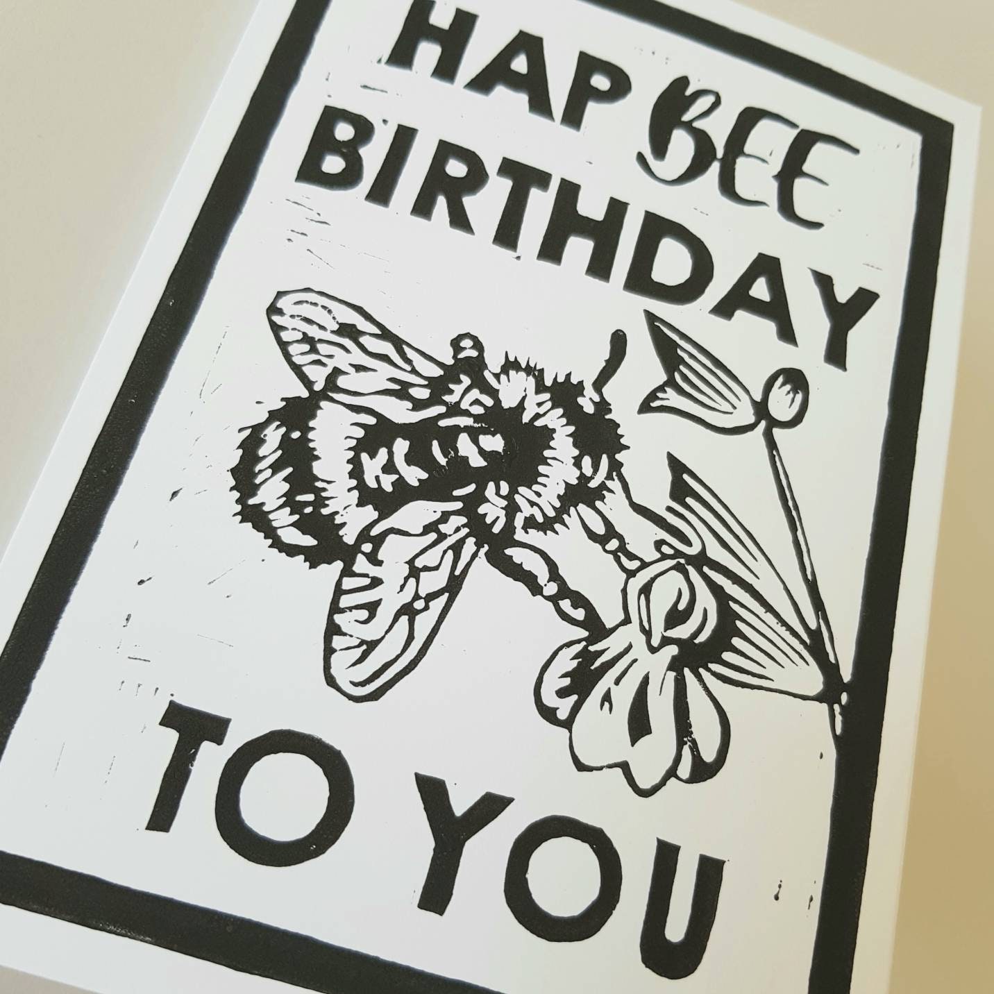 Bumblebee Birthday Card, Bee Linocut, Bumble Bee Print, Hap Bee ...