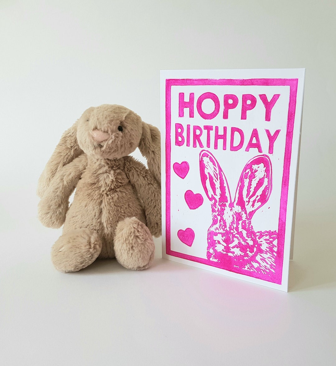 Rabbit Birthday Card, Hoppy Birthday Bunny, Cute Rabbit Print Handmade ...