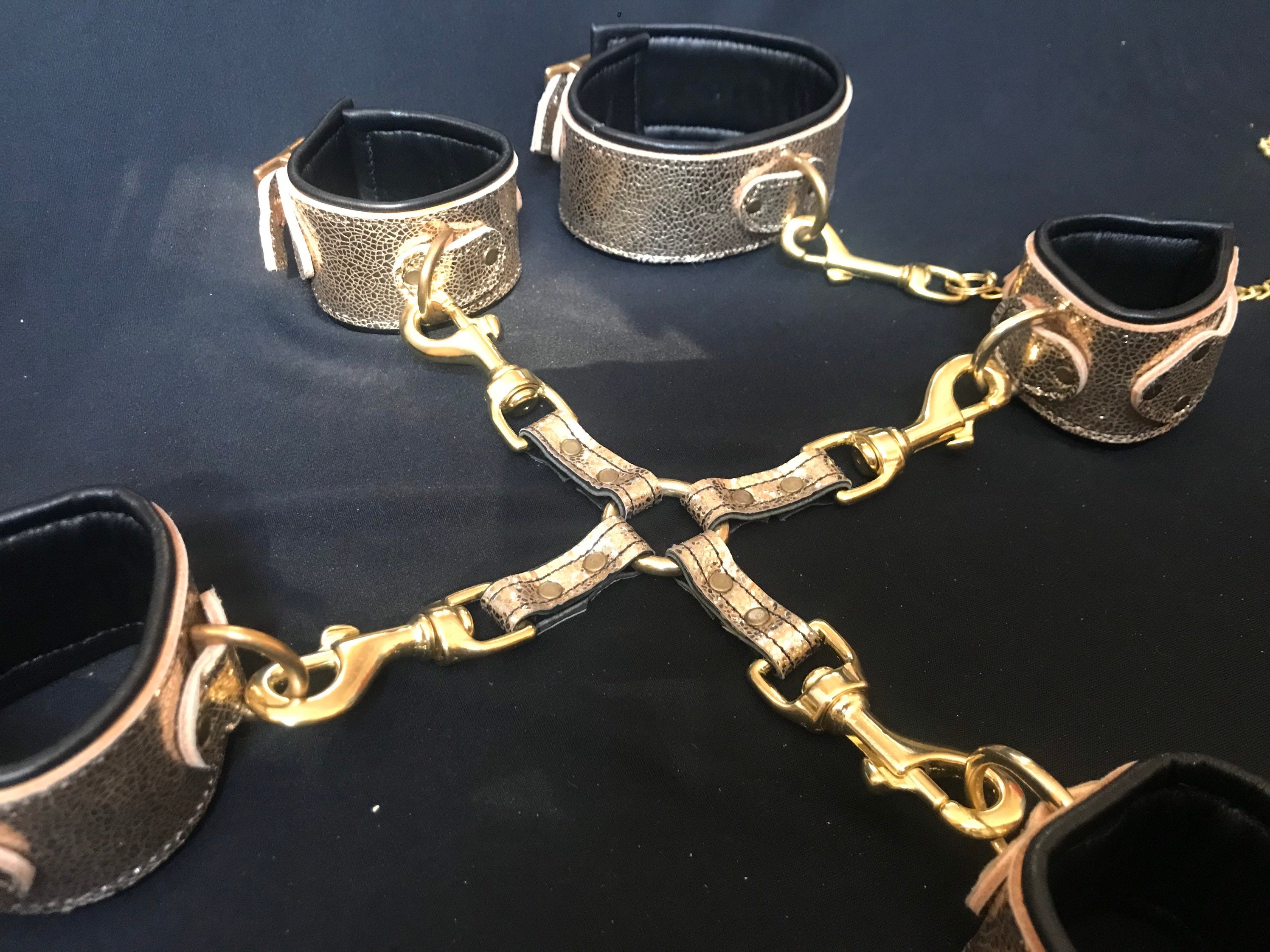 Leather Restraint Set, Gold Leather With Padding, Brass Chain and ...