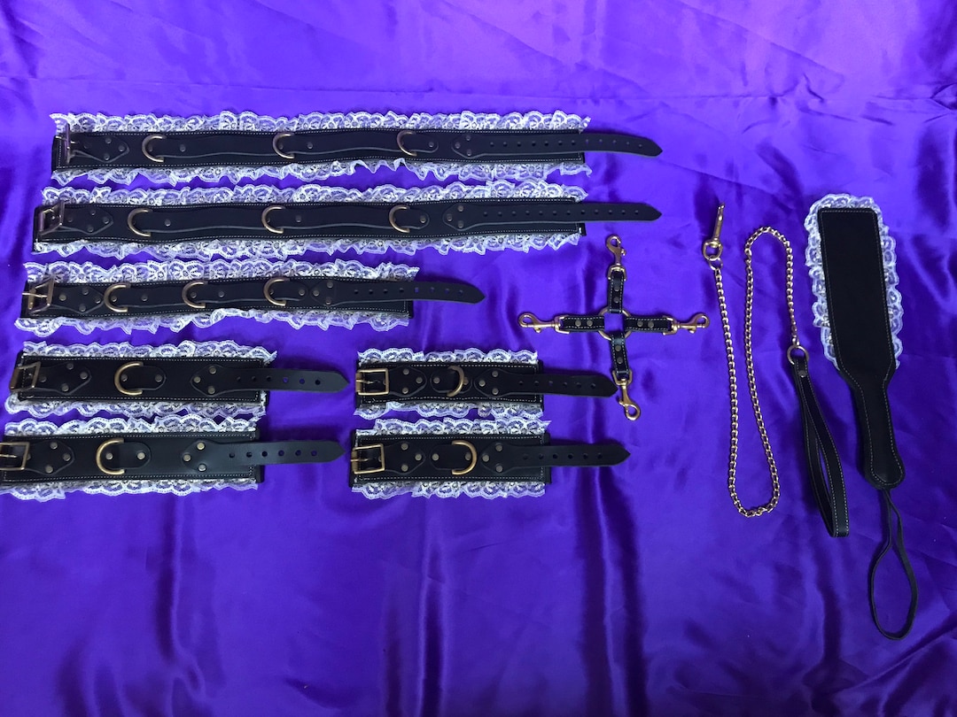 Leather Restraint Set With Soft Padding Including Choker, Wrist, Thigh ...