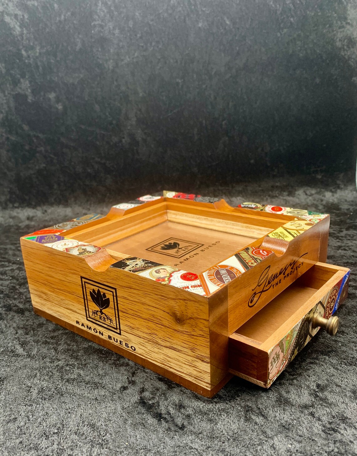 Cigar Box Ashtray with Draw and Cigar Band Art | Etsy