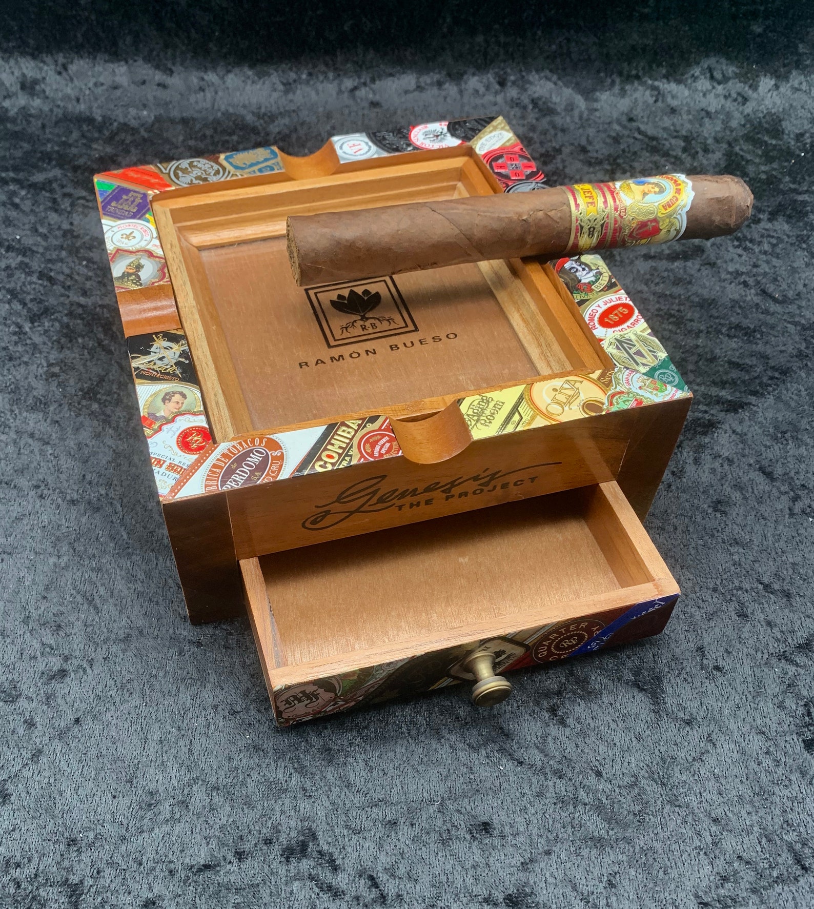 Cigar Box Ashtray with Draw and Cigar Band Art | Etsy