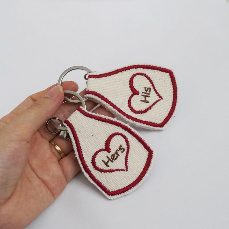 His Hers Keychain Set, Personalized Embroidered Couple Keychains, Heart ...