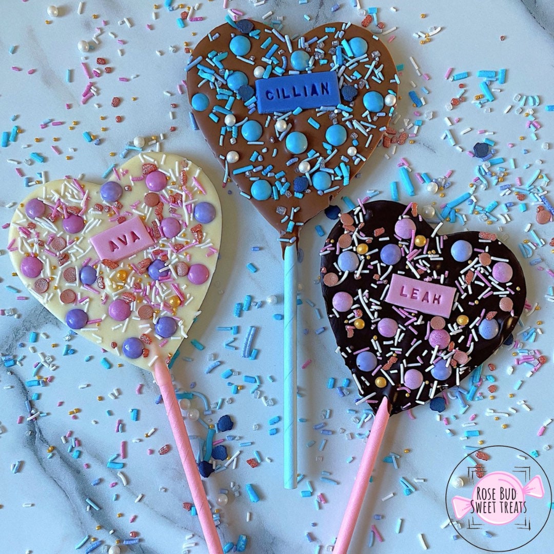 Personalised Heart Lollies - Belgian Chocolate | Pink or Blue - Etsy UK