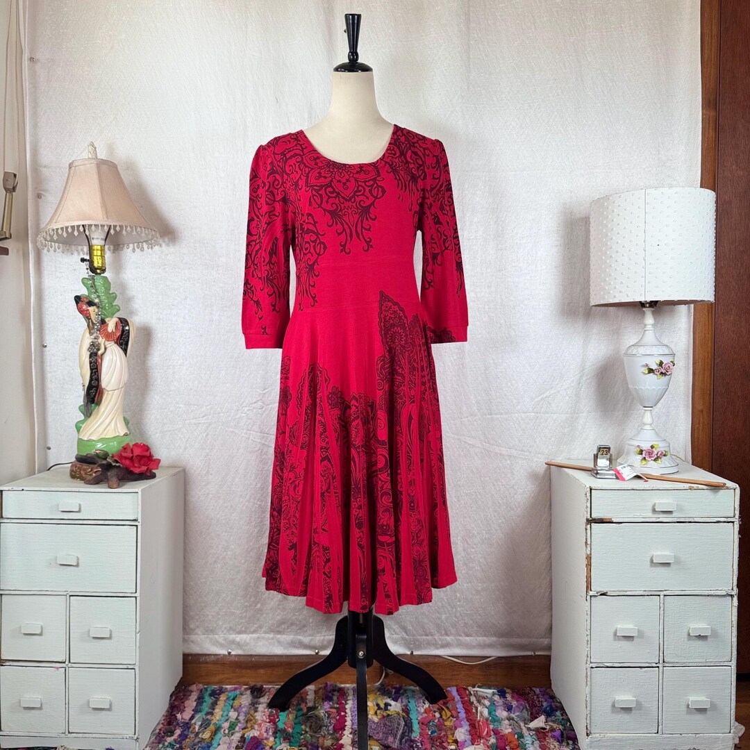 Vtg Red Black Bohemian L/S Trapeze Swing Sweater Knit Dress Sz Large - Etsy