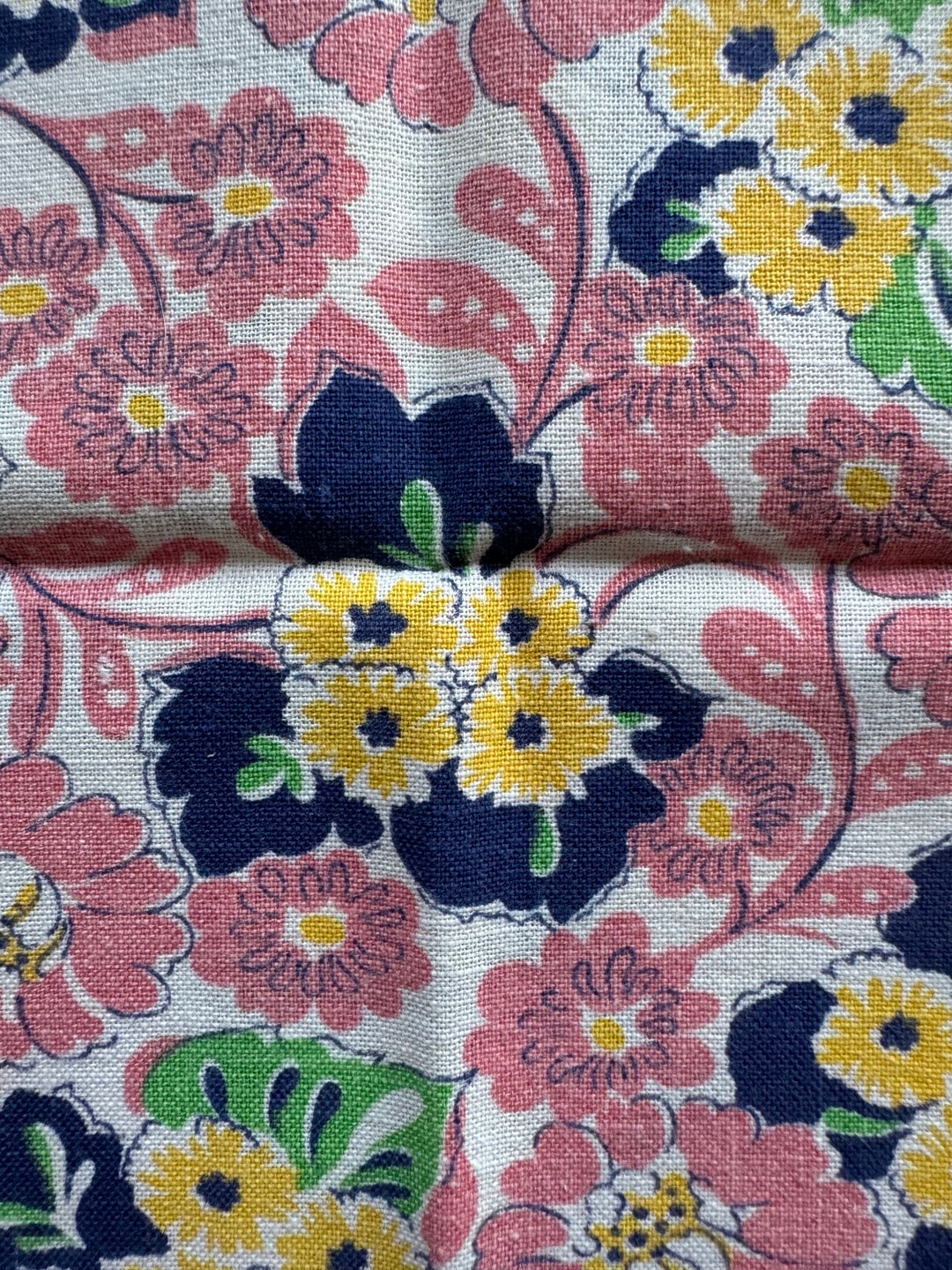 Vintage Remnant Feedsack Pink Navy Blue Lime Green Yellow Medium Scale Flowers Bohemian Floral ...