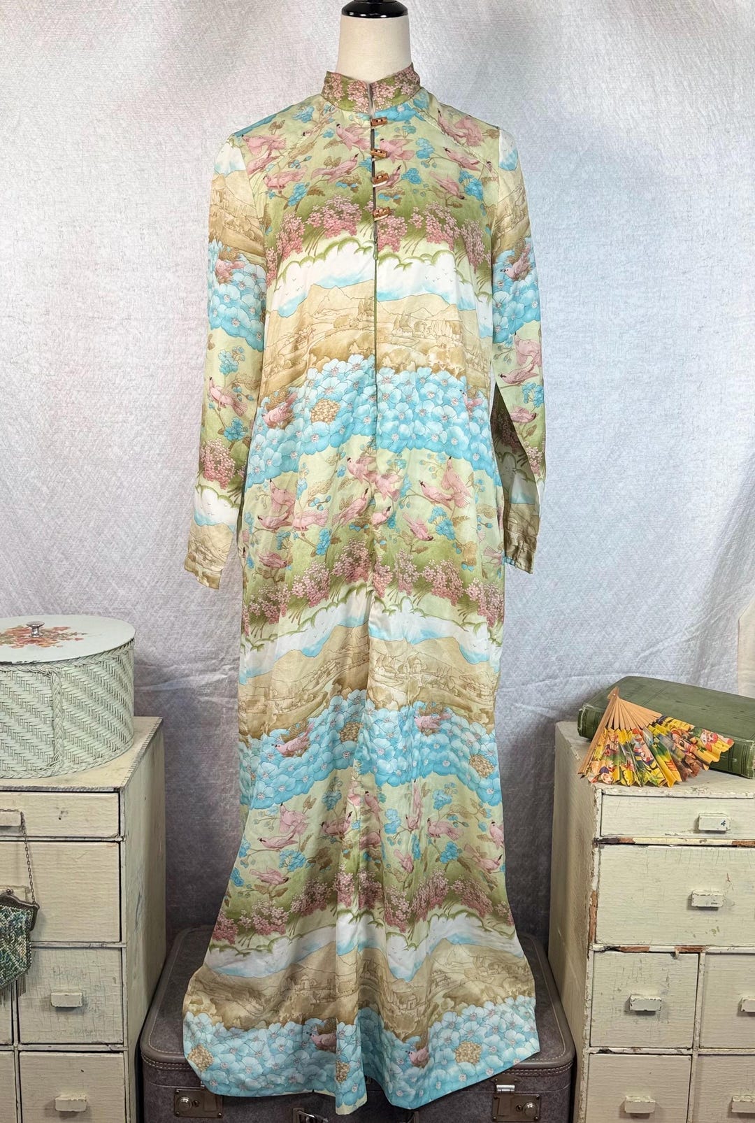 Vtg Mod 1970s Loungees Asian Oriental Watercolor Kaftan Muumuu Robe ...