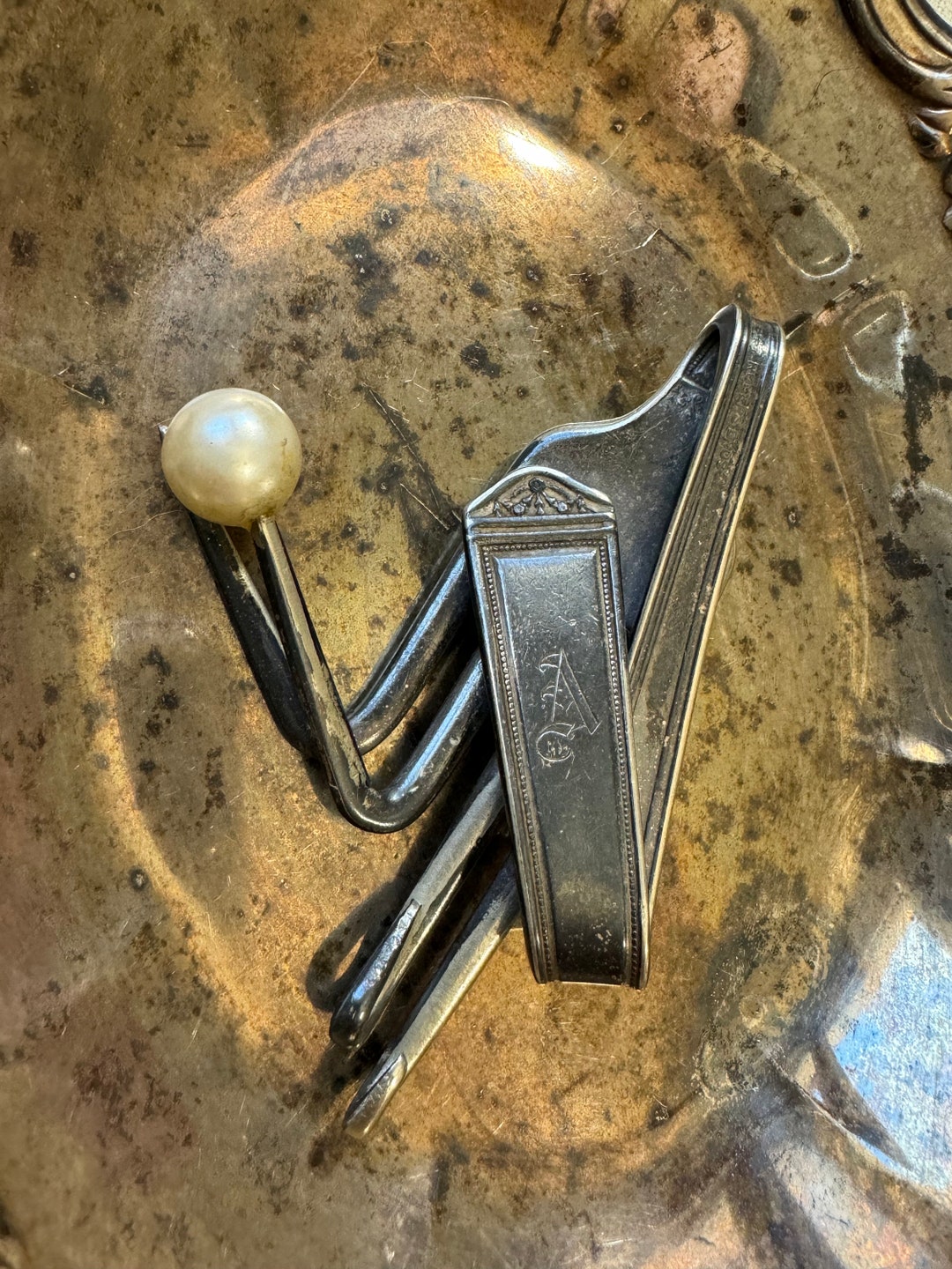 Vintage Engraved “A” Pearl & Vtg Rogers Bros Sterling Silverplate ...
