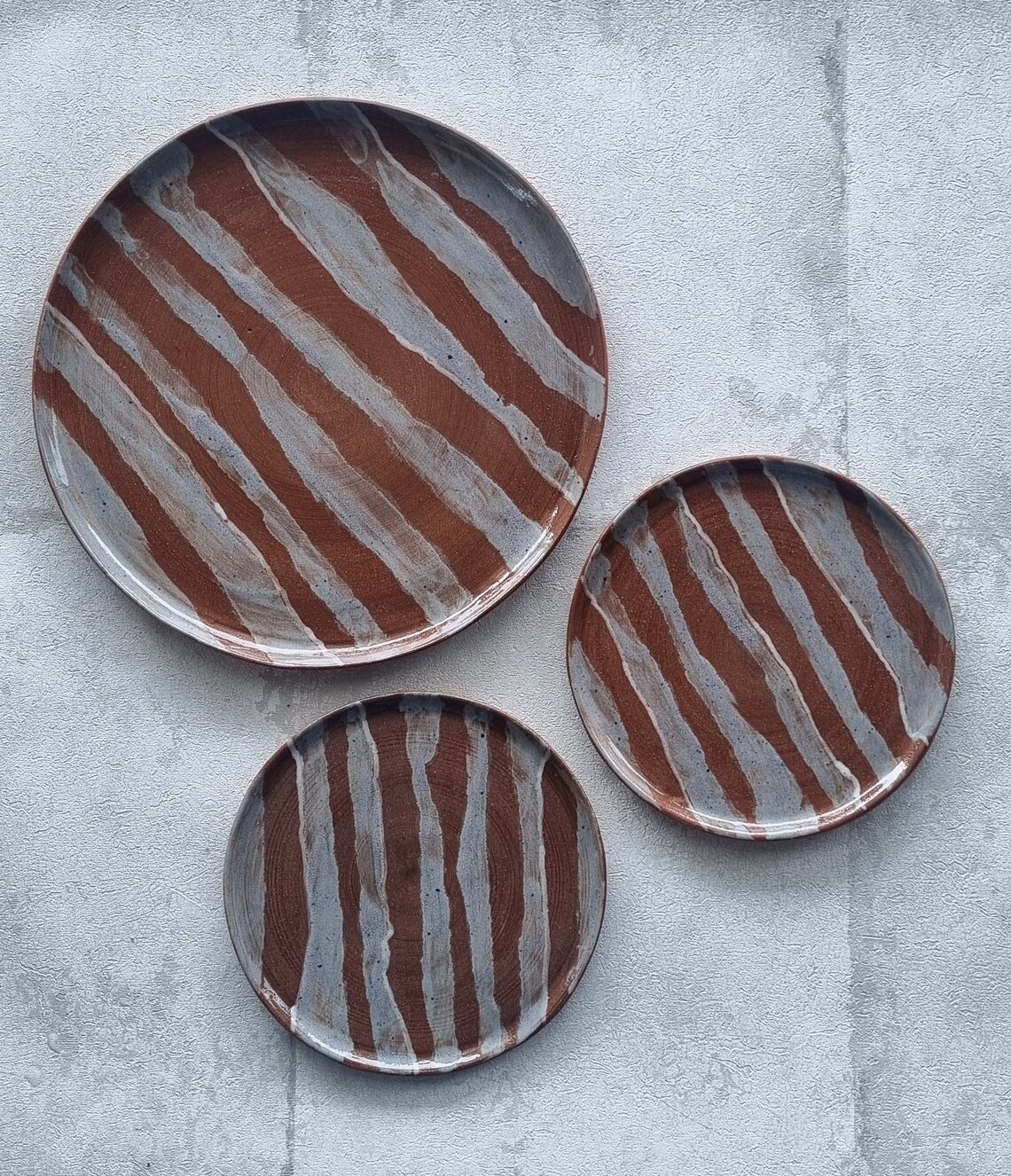 Set of 3 Ceramic Plates: A Serving Plate and Two Small Plates. Blue ...