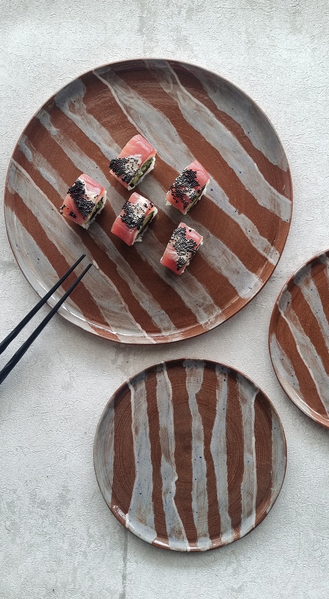 Set of 3 Ceramic Plates: A Serving Plate and Two Small Plates. Blue ...