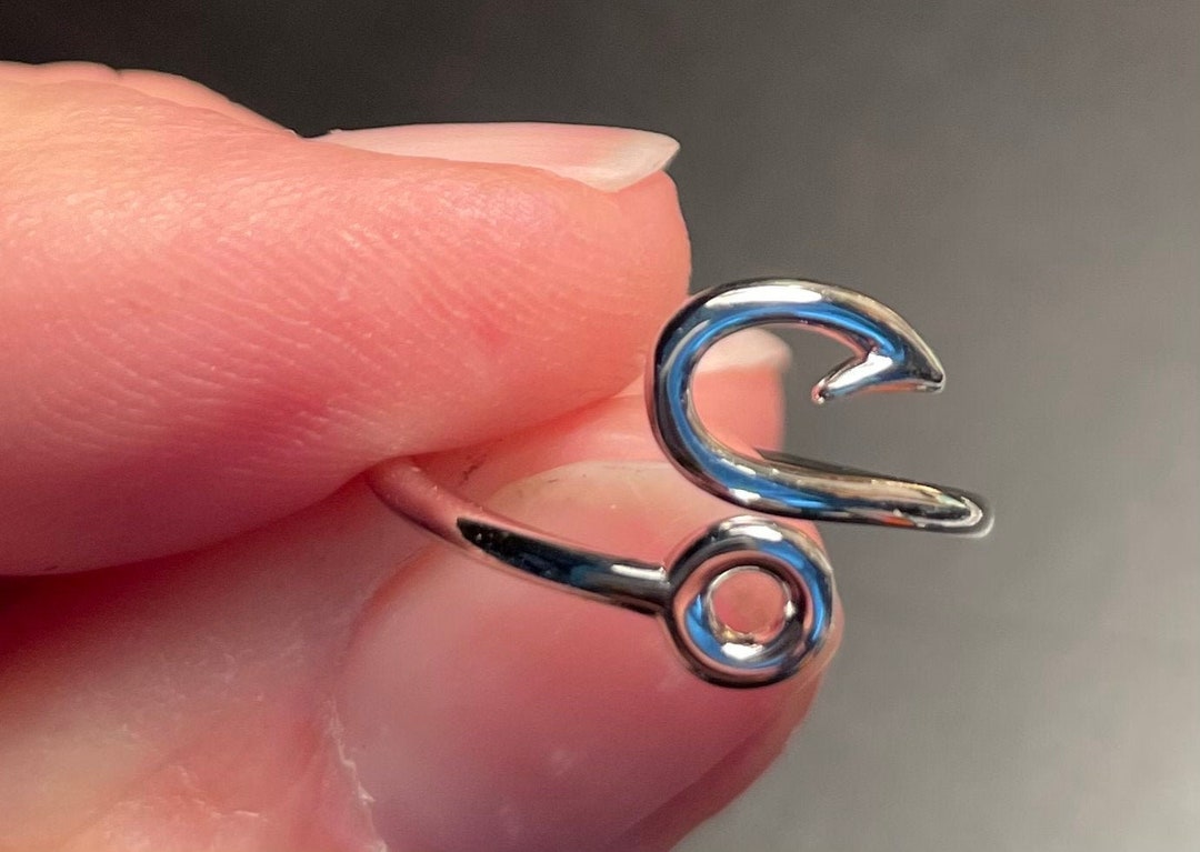 Sterling Silver Fish Hook Ring, Adjustable up to Size 8, Fishing ...