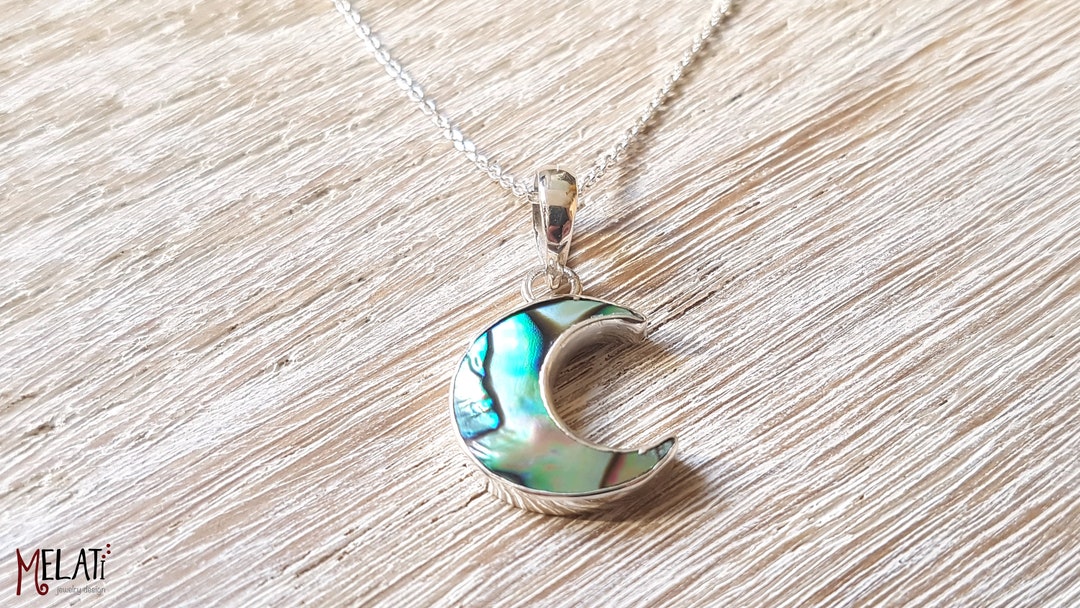 Half Moon Necklace, Mother of Pearl Pendant, Paua Shell Necklace ...