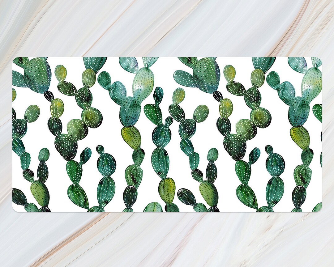 Vertical Cactus Computer Desk Mat, White Mouse Pad, Green Keyboard Mat ...