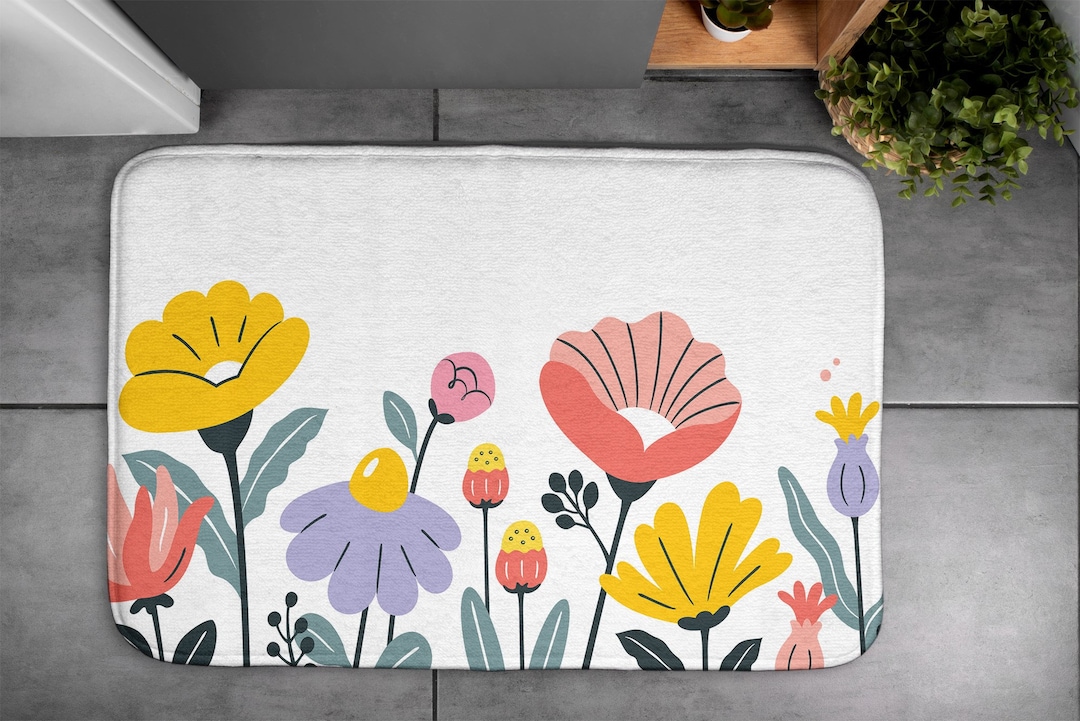 Flowers Meadow, Soft Mat, Flowers Pattern, White, Bathroom Rug ...