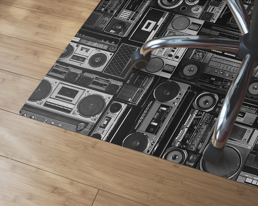 Classic Boombox Chair Mat, Gray Wood Floor Protection Mat, Black Modern ...