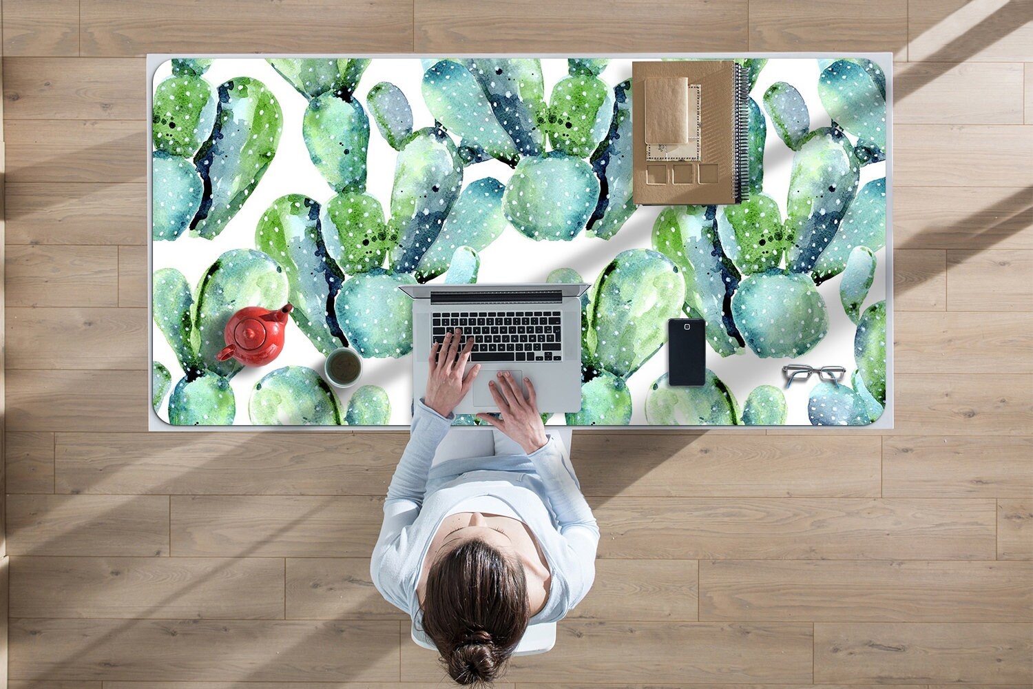 Dotted Watercolor Cactus Desk Mat Design, Green Gaming Room Decor ...