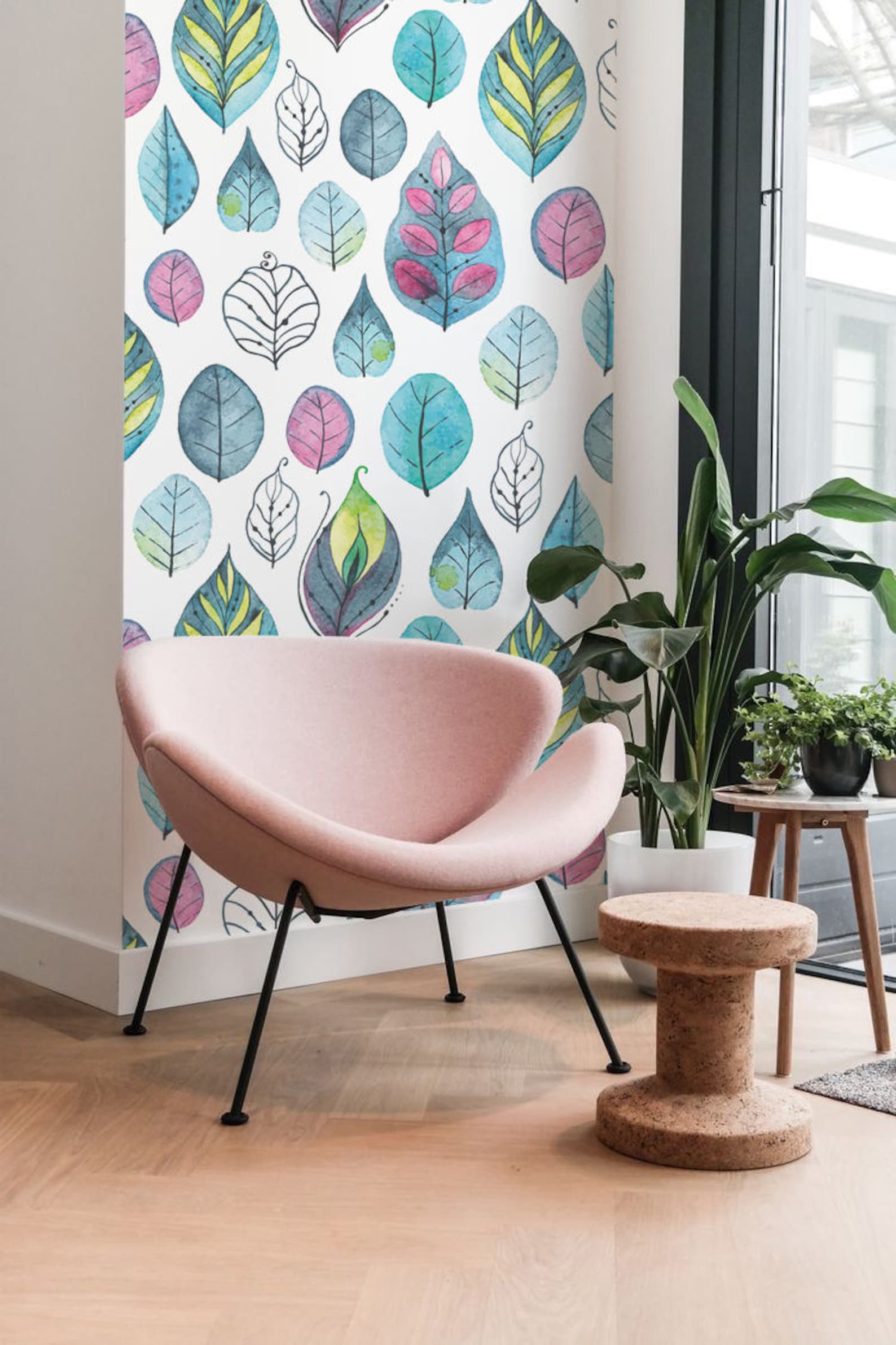 Cartoon Leaves Wall Mural Colorful Leaf Watercolor Abstract | Etsy