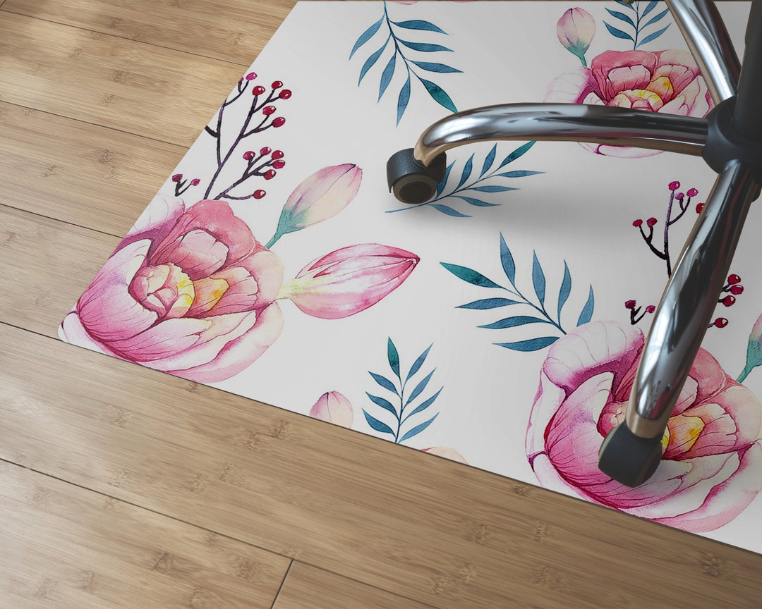 Watercolor Stylized Flowers Chair Mat, Pink Protective Mat, Blue Office ...
