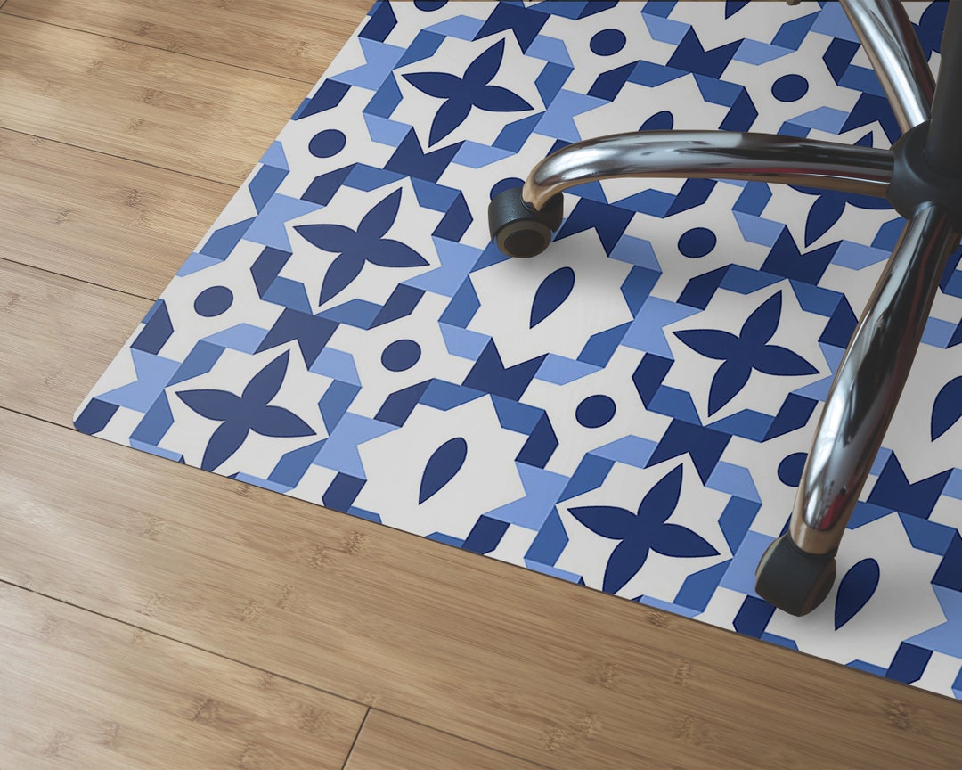 Navy Geometrical Pattern Chair Mat, Blue Vinyl Floor Mat, White Kids ...