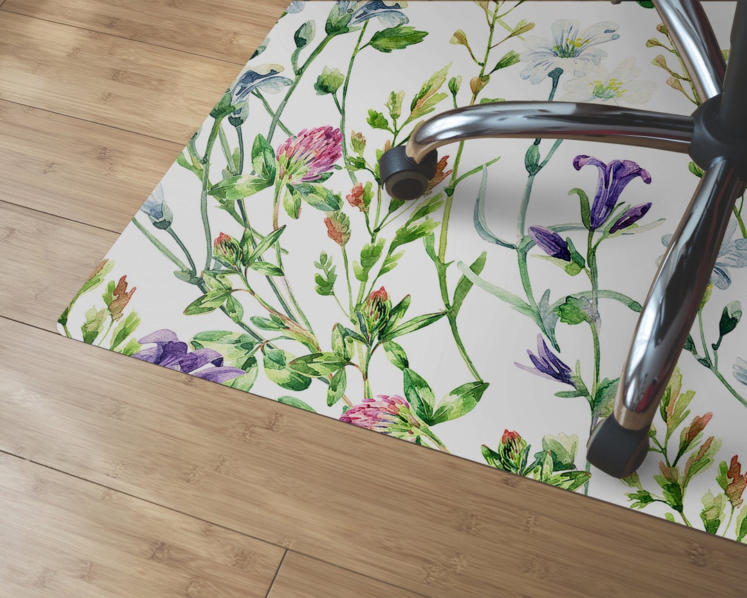 Watercolor Wild Flowers Chair Mat, Green Splat Mat, Purple Living Room ...