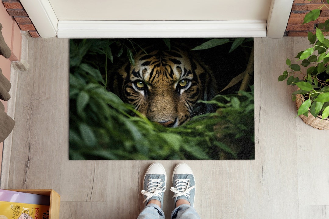Jungle Tiger Welcome Mat, Personalized Doormat, Animal Pattern, Green ...